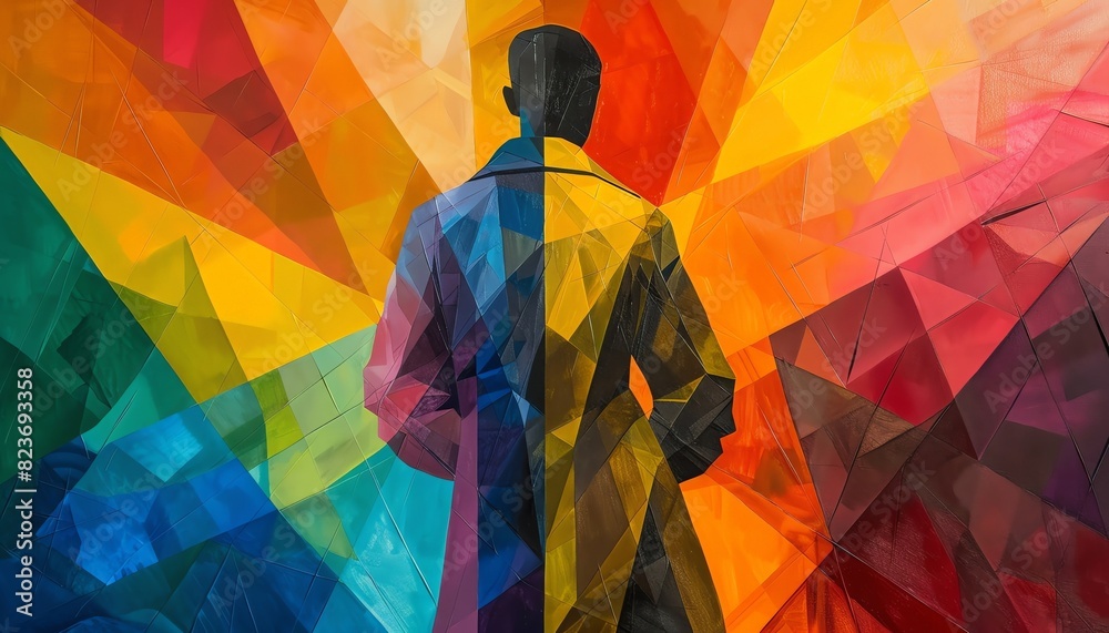 dynamic acrylic painting portraying the back silhouette of a ...