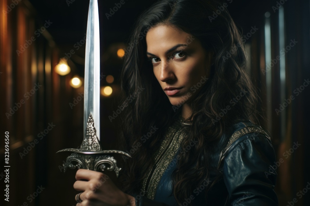 Fierce female warrior poses with a sword, casting a determined look ...