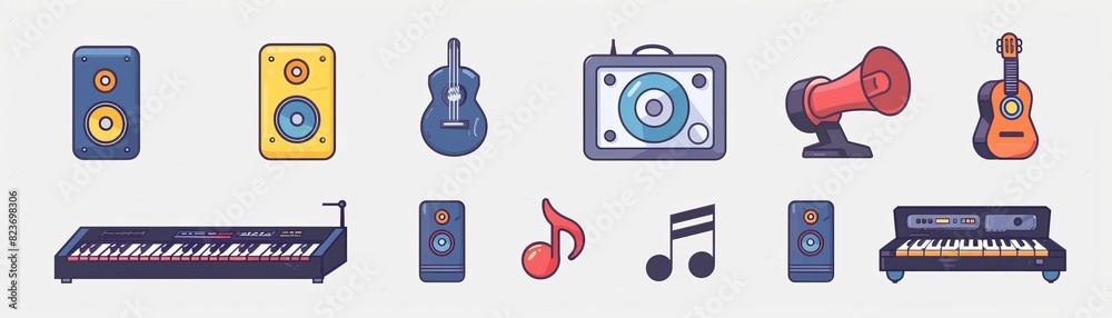 Illustration of various musical instruments and icons including guitar ...