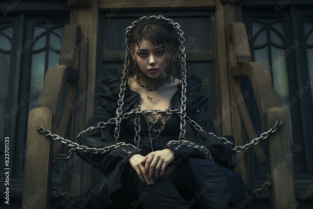 Enigmatic and mysterious woman in chains with haunting gaze and gothic ...