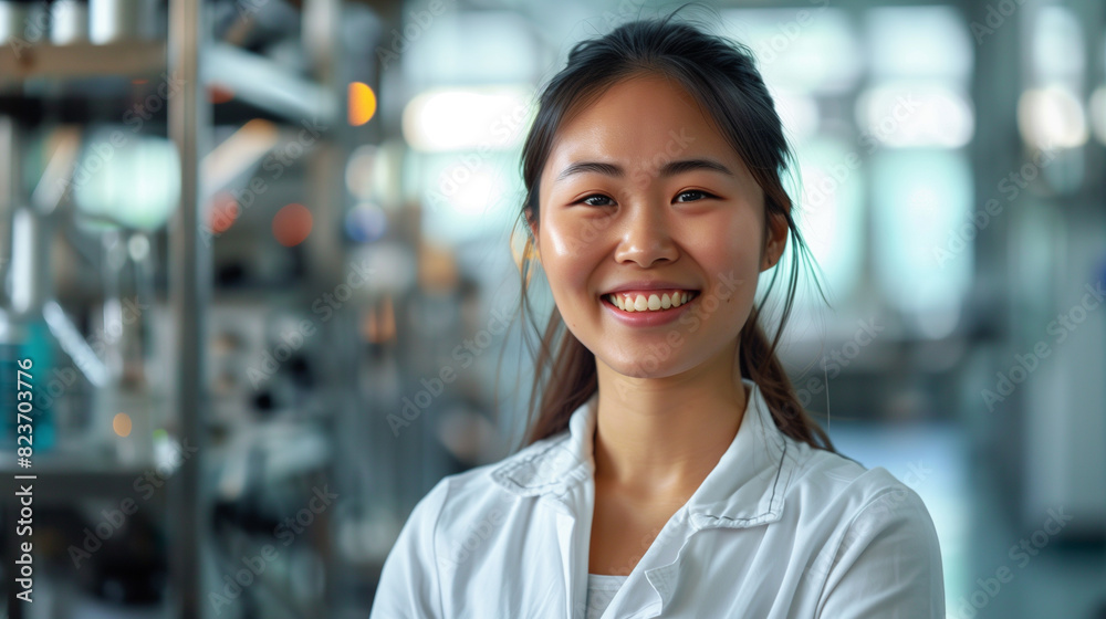 Smiling Asian Female Scientist in Laboratory, Wearing Lab Coat ...