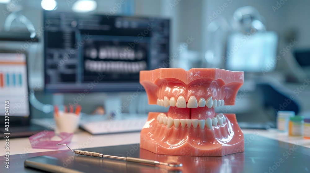 Design a visually detailed 3D render illustrating a dental professional ...