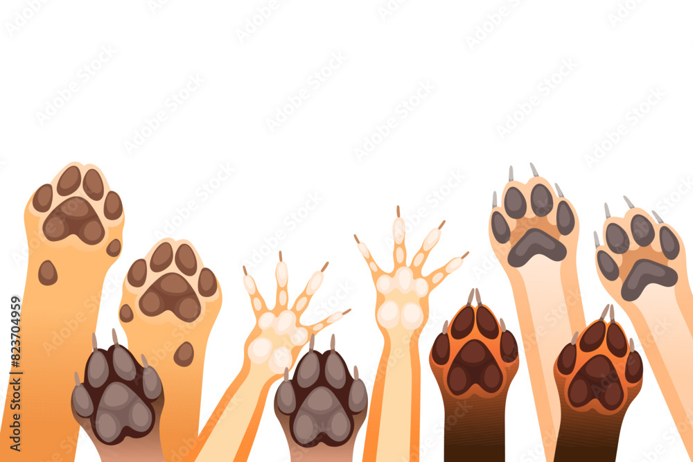 Animal paws in a row fox squirrel and cat vector illustration isolated ...