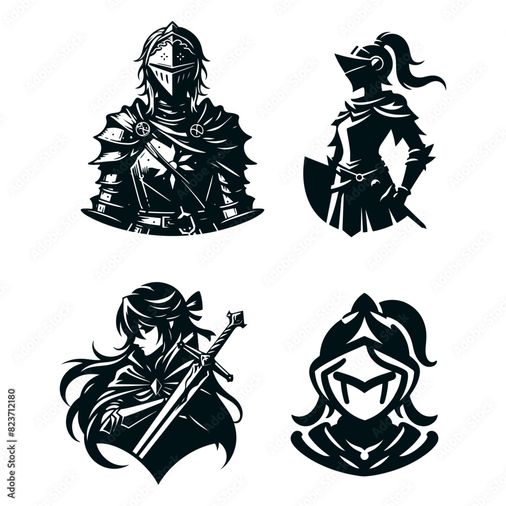 A black silhouette of a knight girl with a totem sword and a beautiful ...