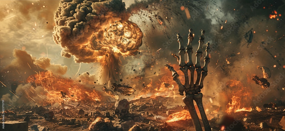 Atomic war with a nuclear bomb, a skeleton's hand on fire on the ground ...