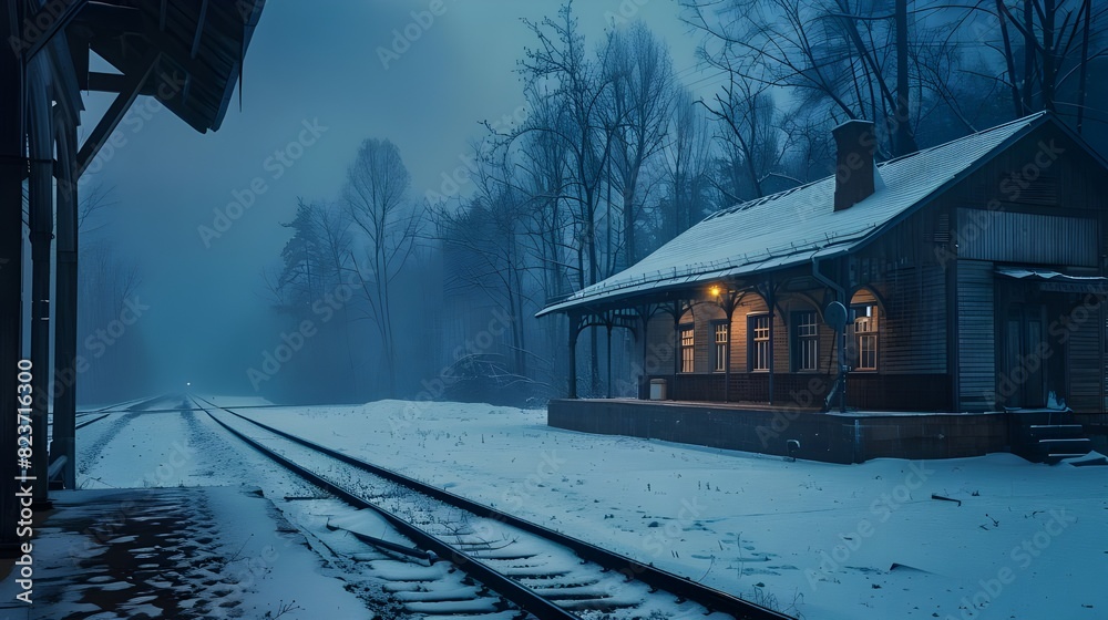 Generate snowy train station scenes with dark skies using AI. Stock ...