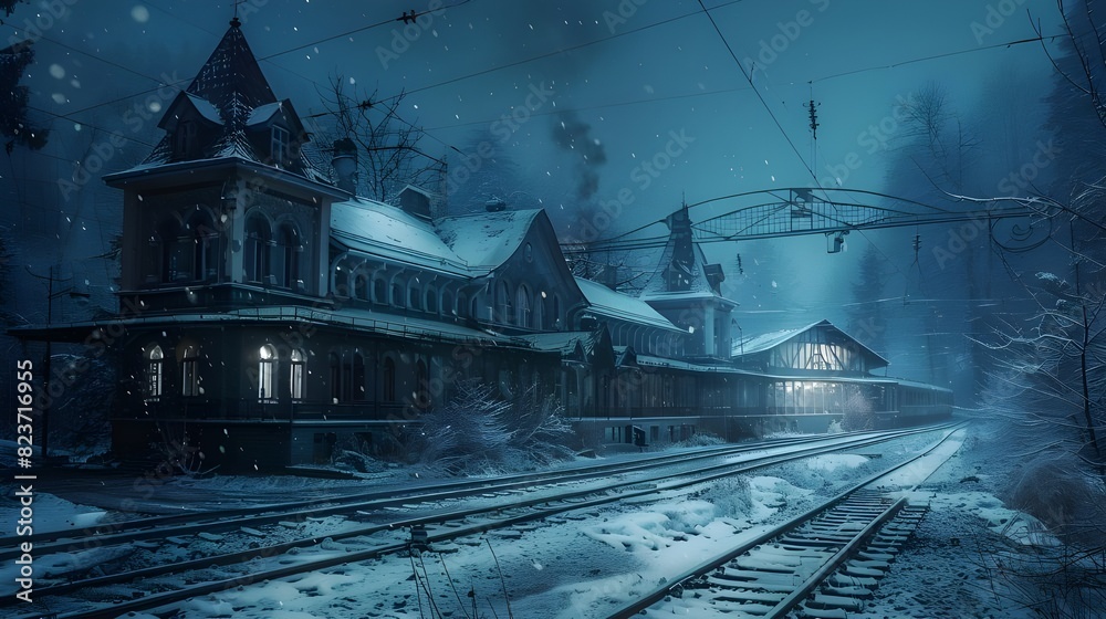 Generate snowy train station scenes with dark skies using AI. Stock ...