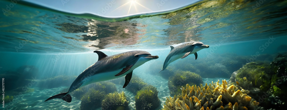 Two dolphins swim near the surface in clear blue water, surrounded by ...