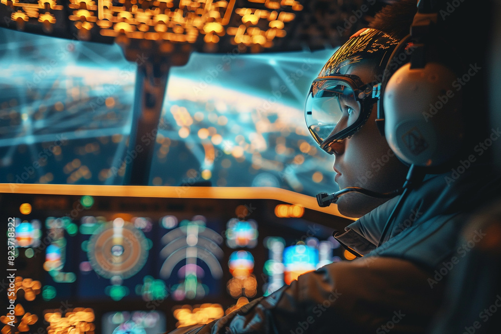 Close-up of a pilot in a cargo plane cockpit, screens showing global ...