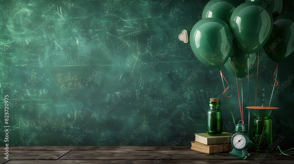 Graduation backdrop with balloons on green wall , gratulation ...