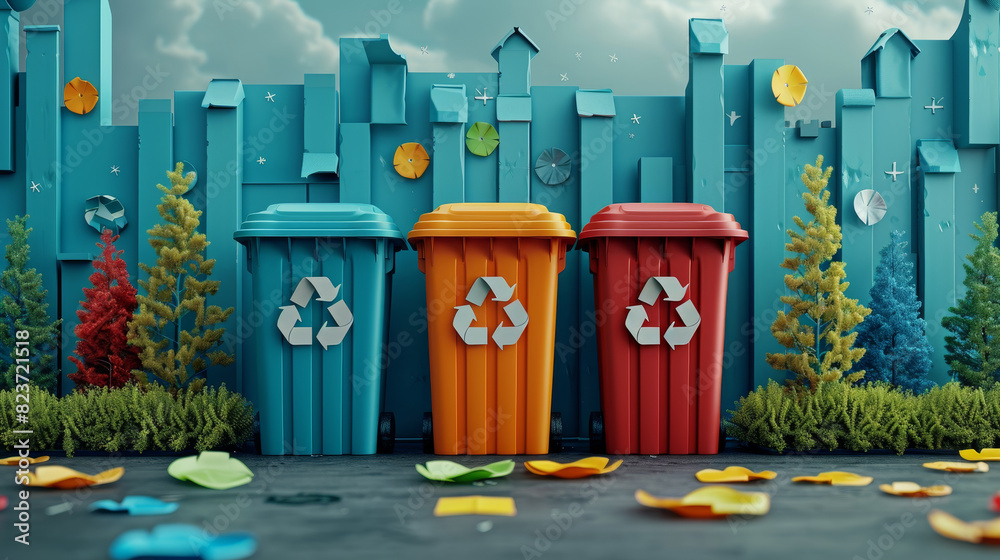 Colorful recycling bins in nature setting with blue sky background ...