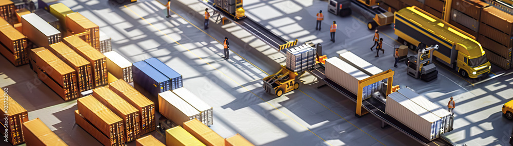 Shipping and Logistics Floor: Displaying shipping containers, conveyor belts, loading docks, and ...