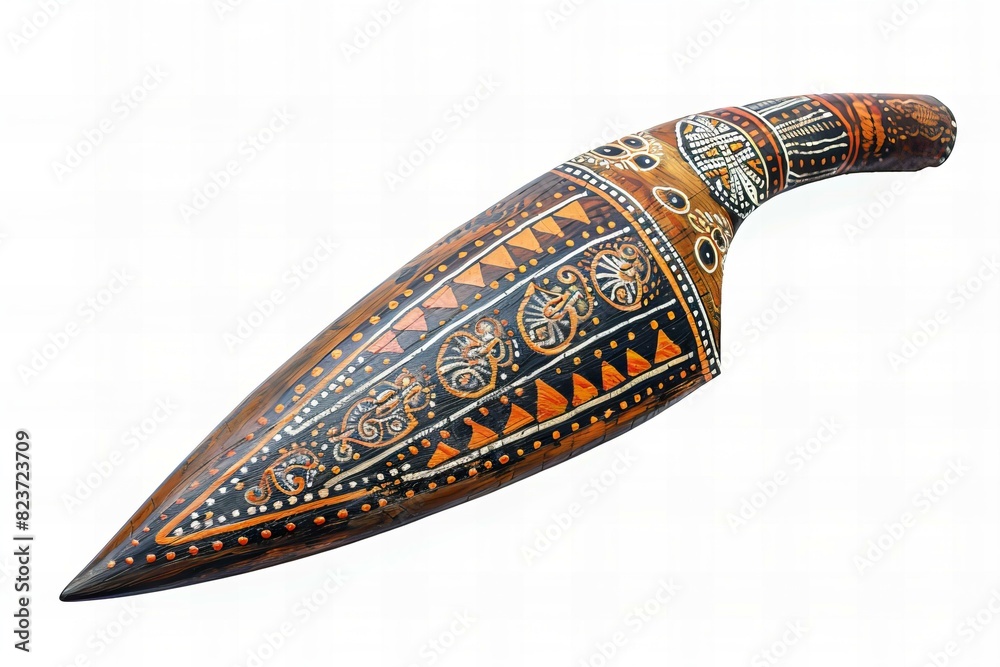 A boomerang with aboriginal art on it, isolated against a white ...