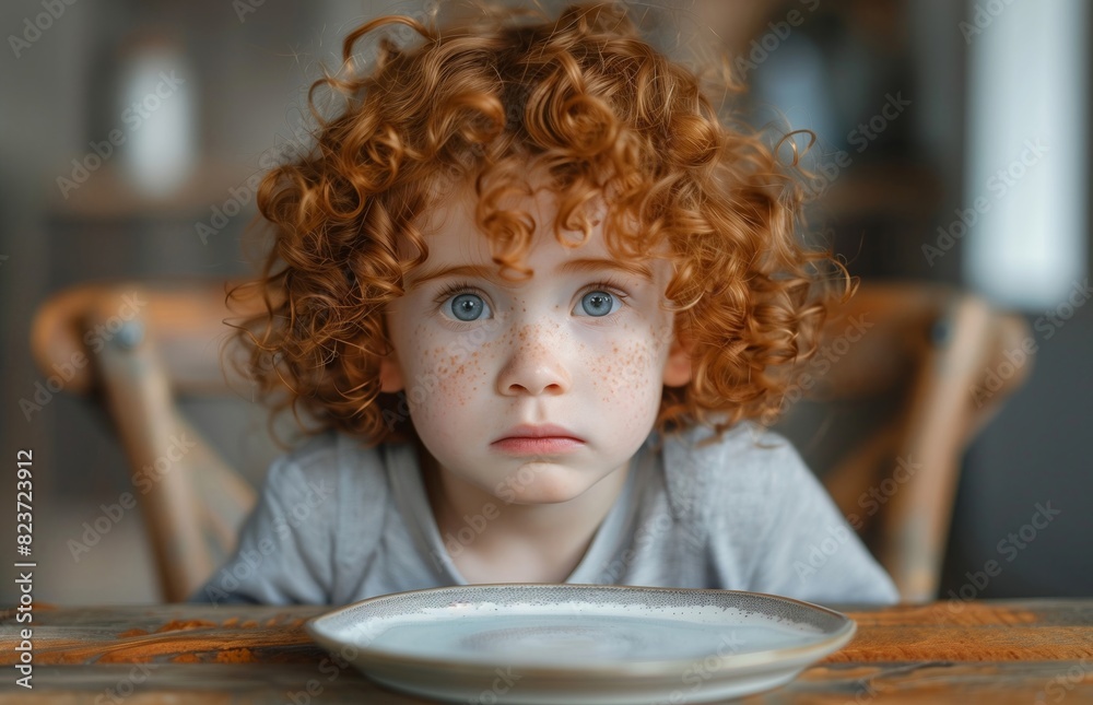 Sad Child and Empty Plate Captivating Image of Redheaded Kid with ...