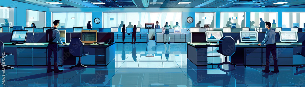 Tech Support Center Floor: Showing helpdesk stations, computer screens ...