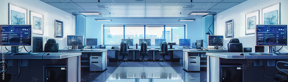 Tech Support Center Floor: Showing helpdesk stations, computer screens ...