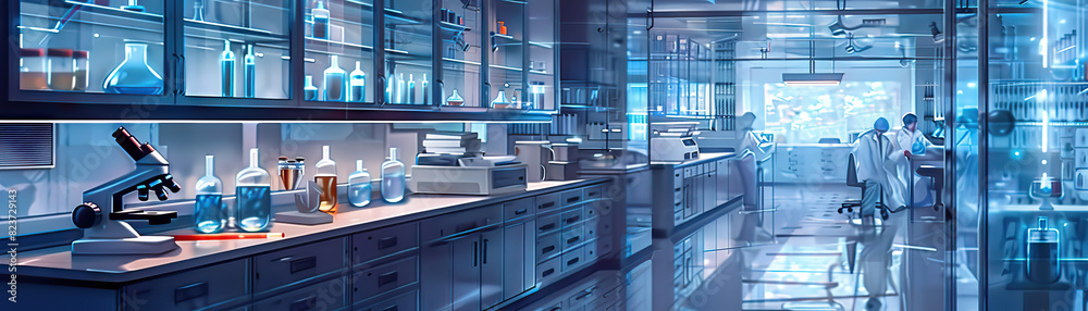 Research Lab Floor: Displaying lab benches, microscopes, petri dishes ...