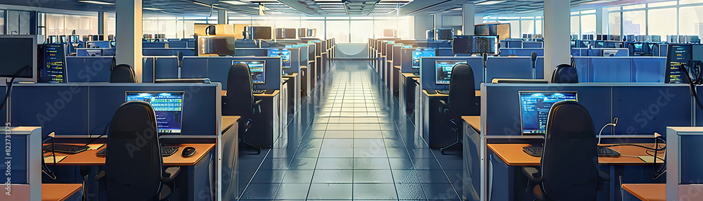 Call Center Floor: Displaying rows of cubicles, computer monitors ...