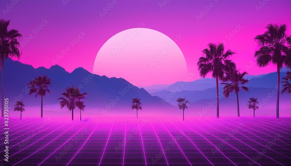 Synthwave retro cyberpunk style landscape background banner or ...