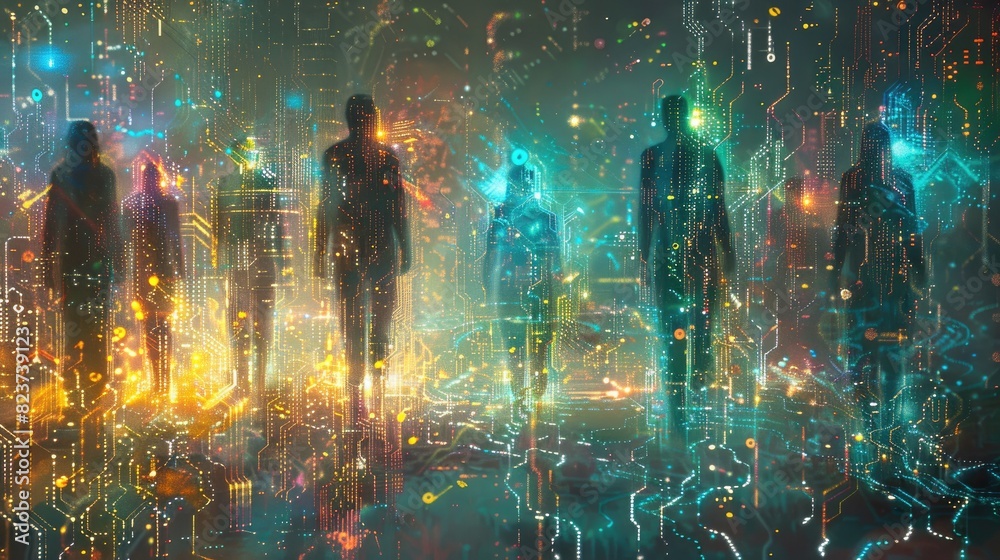 An abstract composition showing multiple human figures connected by ...