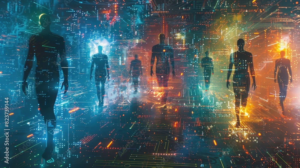 An abstract composition showing multiple human figures connected by ...