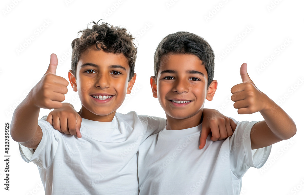 Two Hispanic little brothers wearing white t-shirt and doing thumbs up ...
