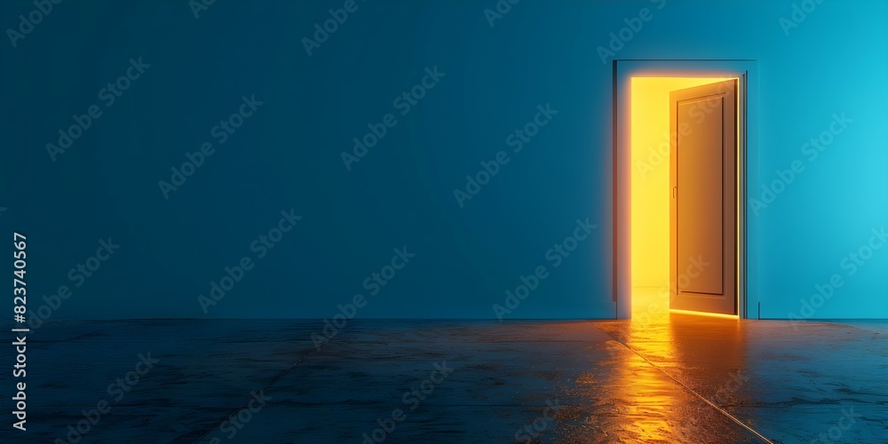 Opportunity symbolized by yellow light through open door on blue ...