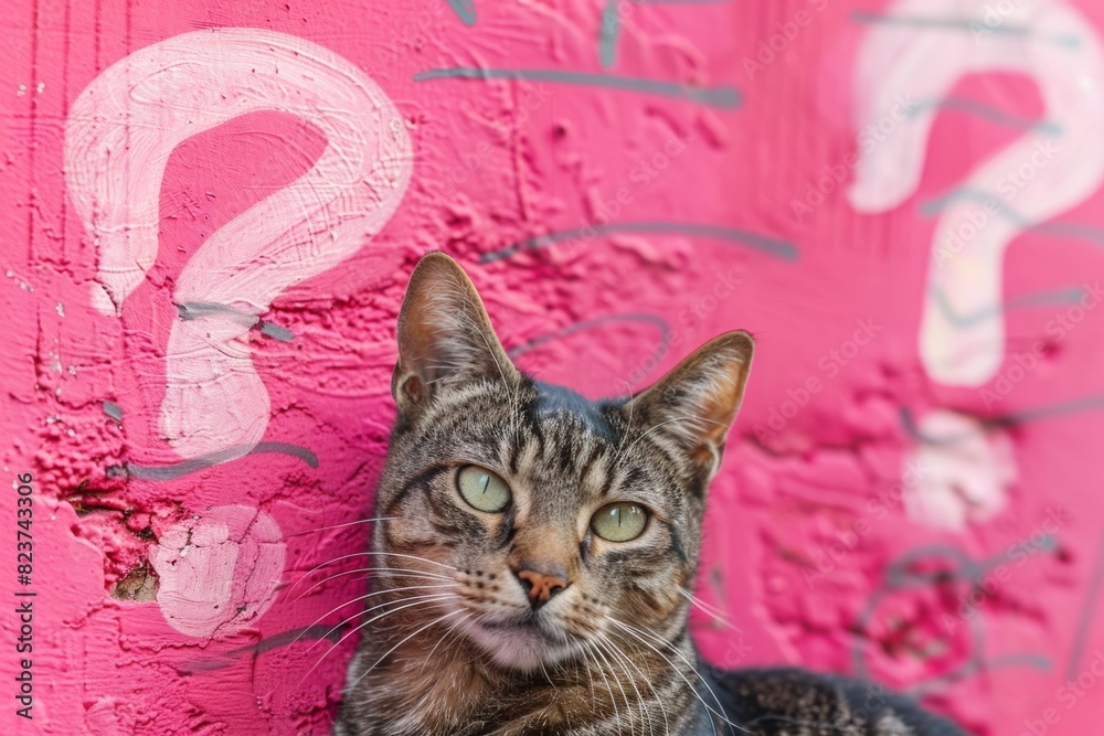 Curious cat against pink wall with question marks Stock Photo | Adobe Stock