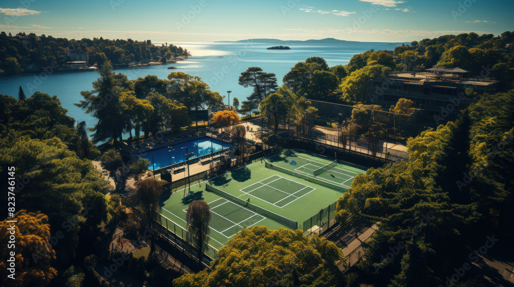 An aerial view of a luxurious resort-style tennis court beside a ...