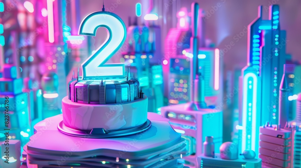 Futuristic Second Birthday Cake with Metallic Silver Number 2 and Neon ...