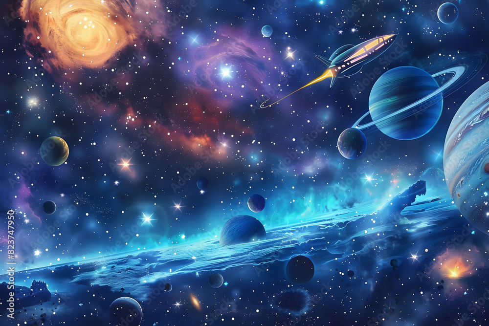 Outer space birthday background with planets and galaxies. Epic scene ...
