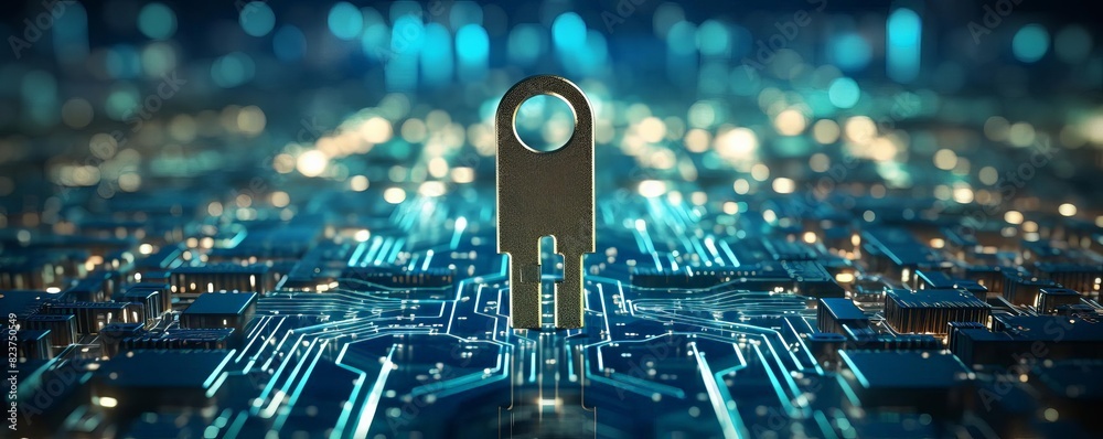 Digital key unlocking virtual door, signifying cyber security selective ... Digital key unlocking virtual door, signifying cyber security selective ...