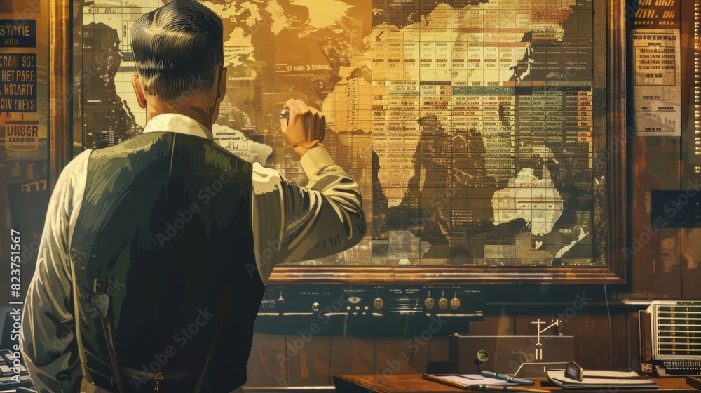 Vintage Styled 1950s Stock Broker in Office Adjusting Wall Map of ...