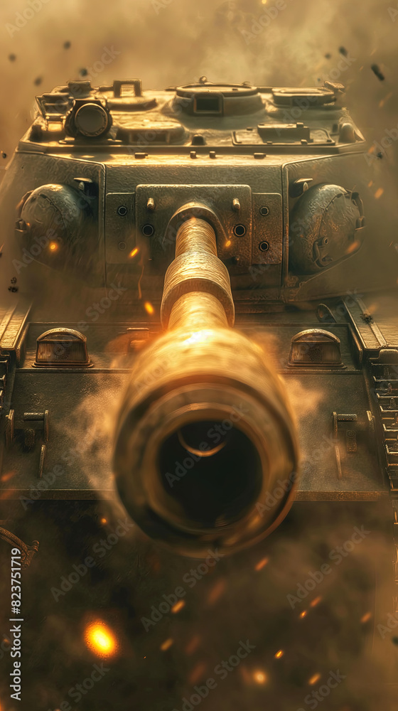Portrait of World War 2 tank battle, looking straight down the gun ...