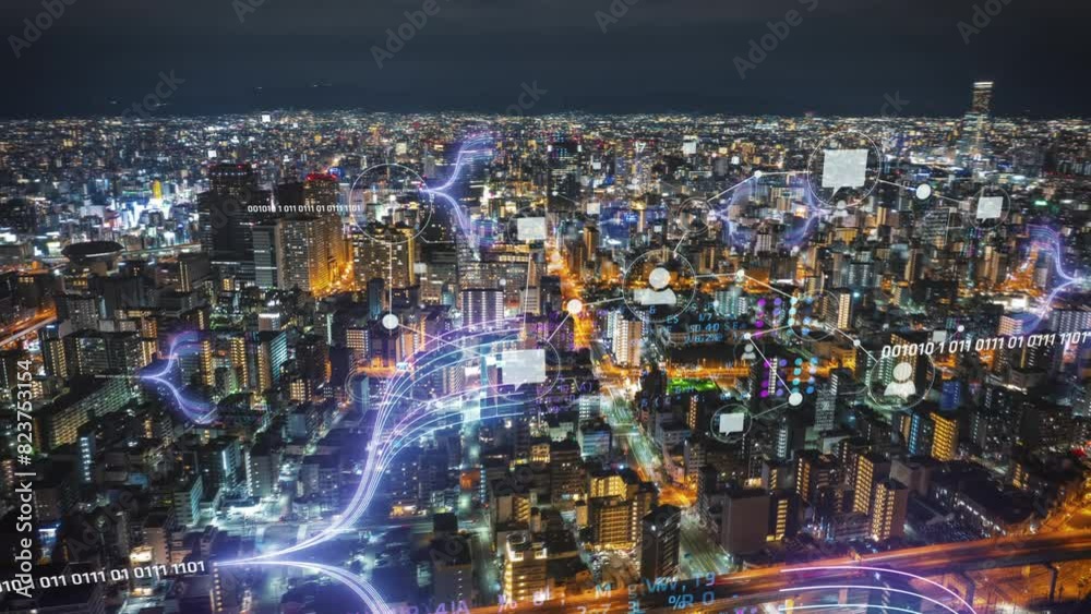 Vibrant timelapse of huge city at night with dynamic data visualization ...