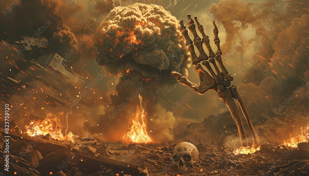 Atomic war with a nuclear bomb, a skeleton's hand on fire on the ground ...