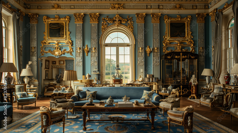 classic Rococo-style drawing room, where a blue and gold color scheme ...