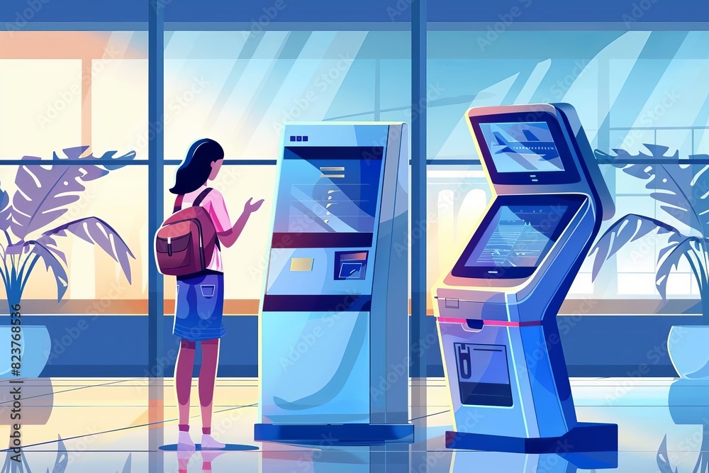 airline passenger using selfservice kiosk for flight checkin at airport terminal travel concept ...