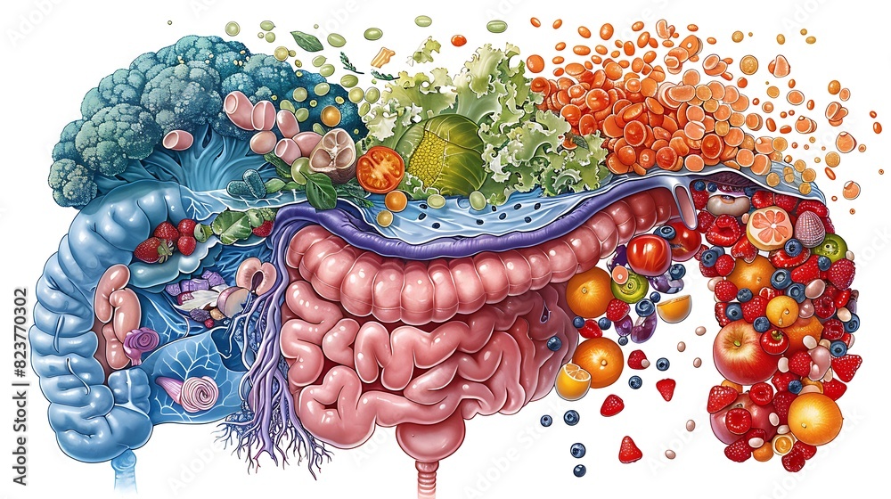 Gastroenterology illustration of digestive process showing food ...