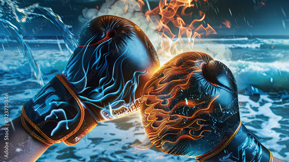 A pair of boxing gloves, one with a water wave pattern and the other ...