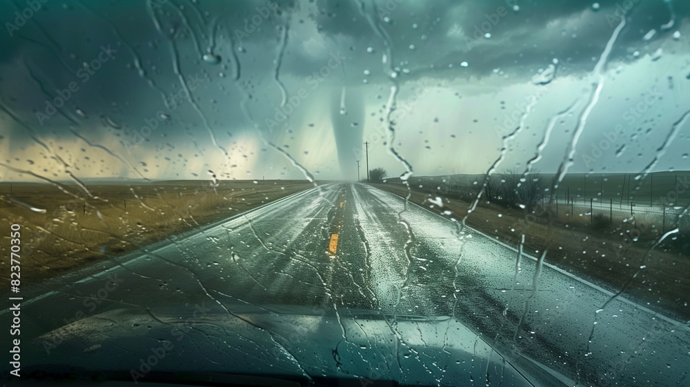 On the horizon a tornado moves through the midwestern countryside, road ...