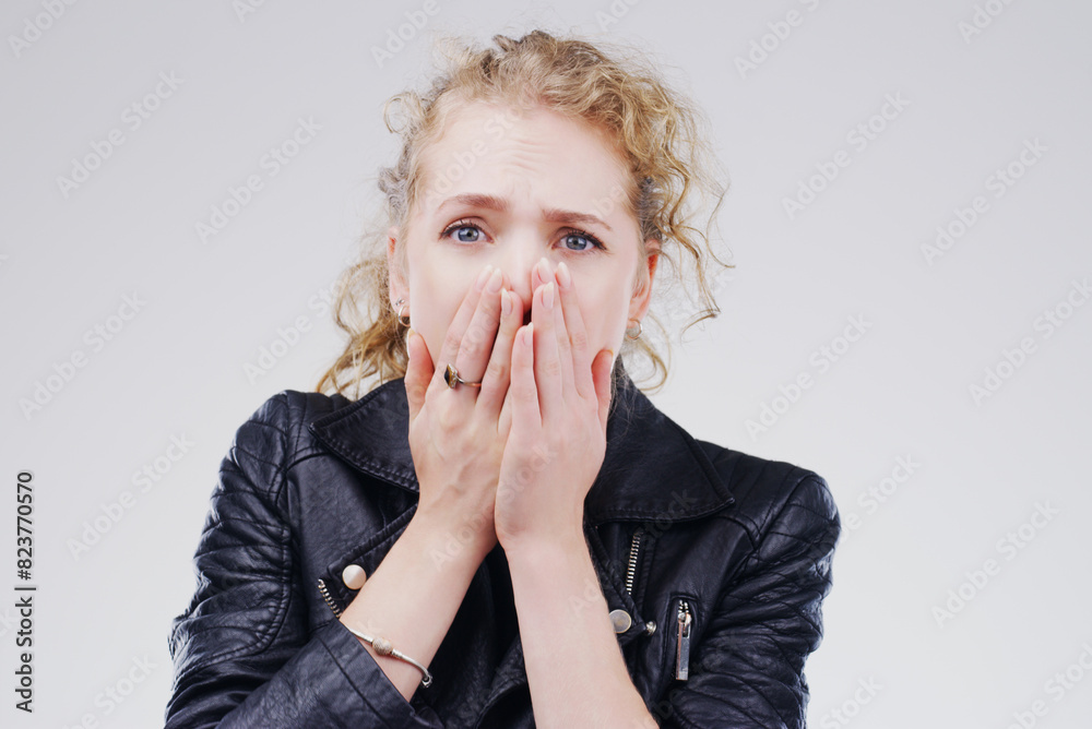Portrait, shocked and woman in studio for drama, horror and secret on ...
