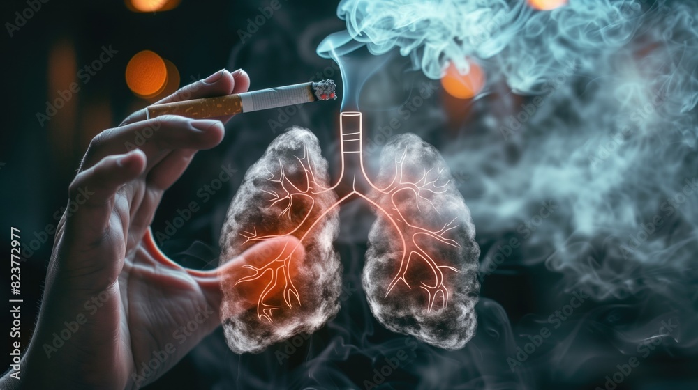 Smoker hand holding a smoking cigarette next to lungs full of smoke ...