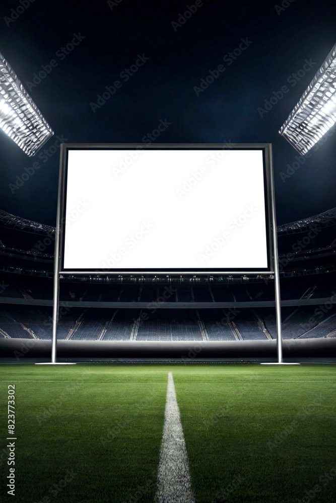 Big screen billboard in soccer football stadium tribunes, night match ...