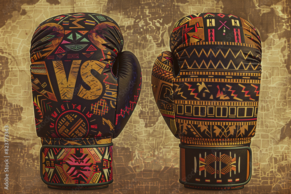 Boxing gloves adorned with traditional tribal patterns, one with ...