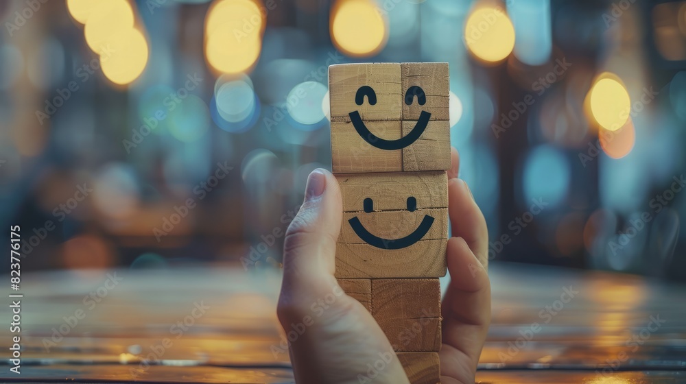 Customer satisfaction service concept, Hand holding wooden block with a ...