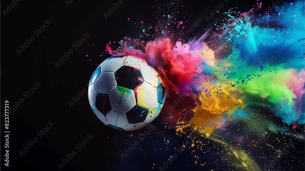 Colorful soccer ball with colorful paint explosion on a black ...