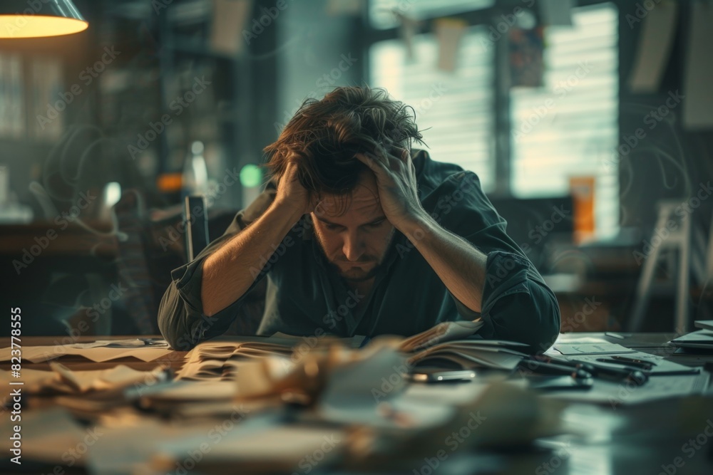 Sad office worker, tired manager, sad person, having bad day ...