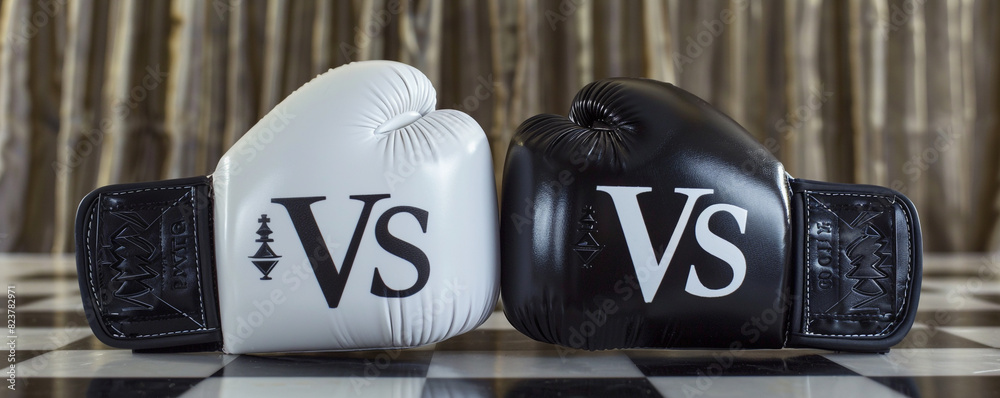 Sleek white and deep black boxing gloves with a chess theme, with "VS ...
