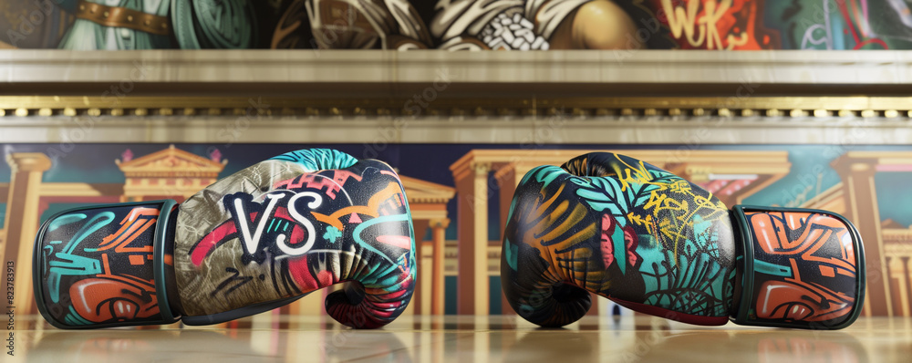 Two boxing gloves, one with a graffiti style and the other with a ...